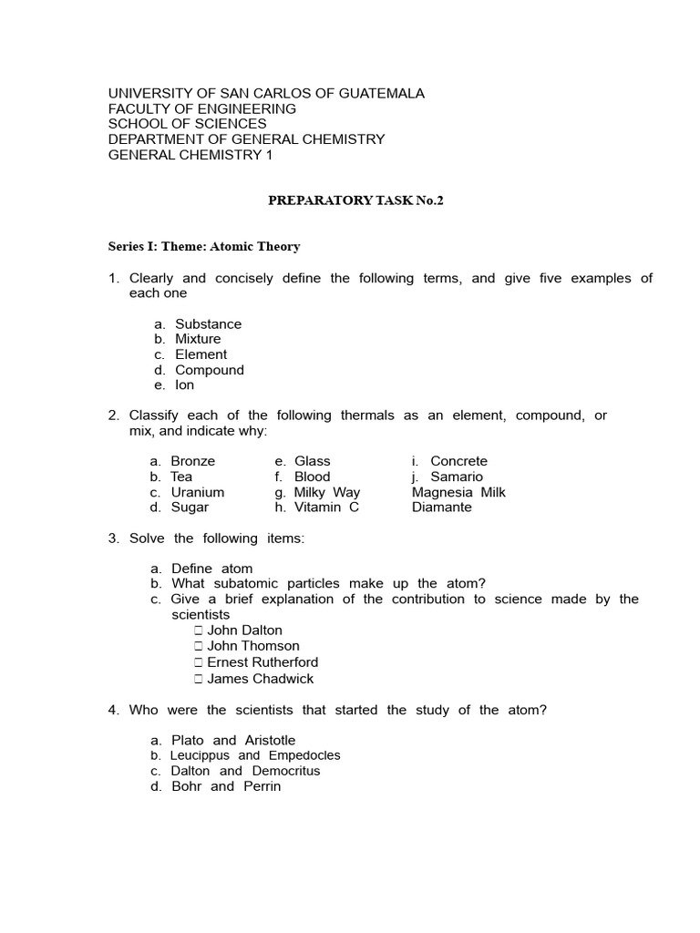 Preparatory Task Chemistry 1 | PDF | Electron Configuration | Atoms