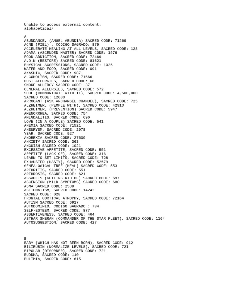 List of Sacred Codes of Agesta Alphabetical List November 2014 | PDF ...