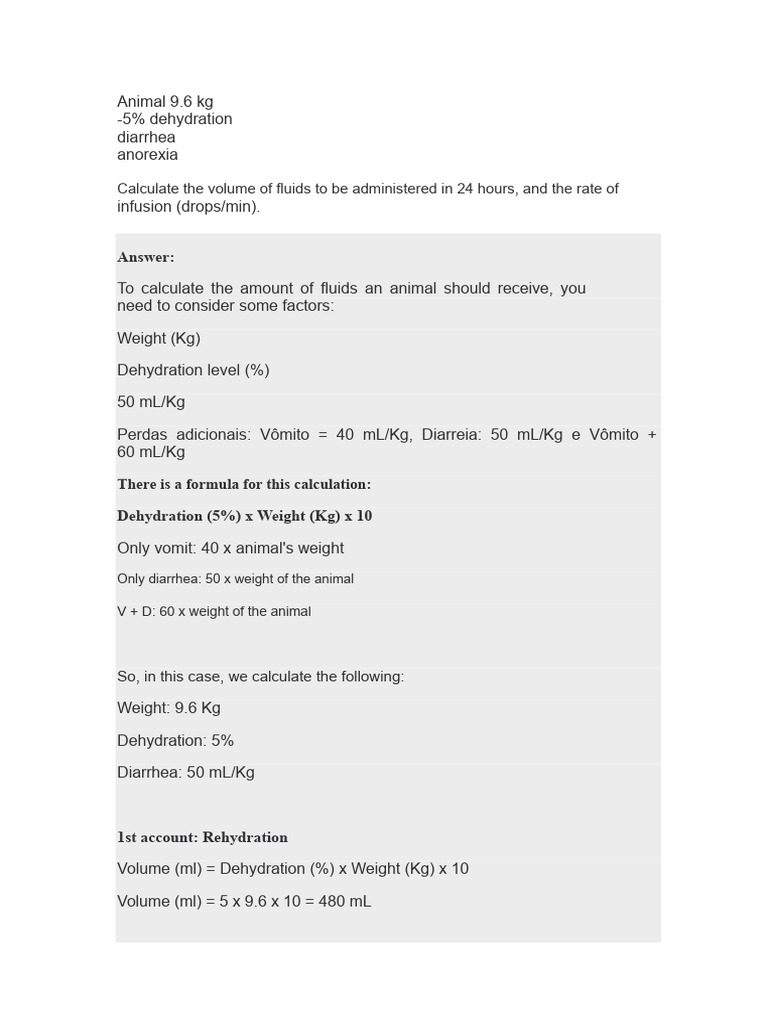 Fluid Calculation for Dehydrated Animal | PDF