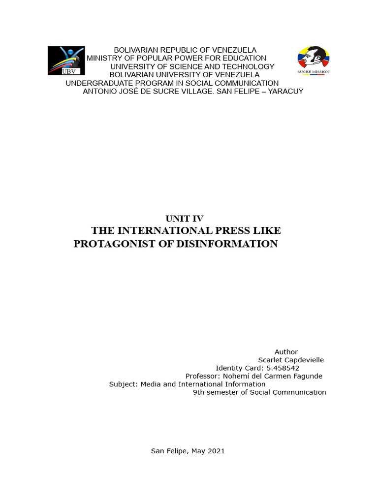 Unit Iv. International Press As A Protagonist of Disinformation | PDF ...