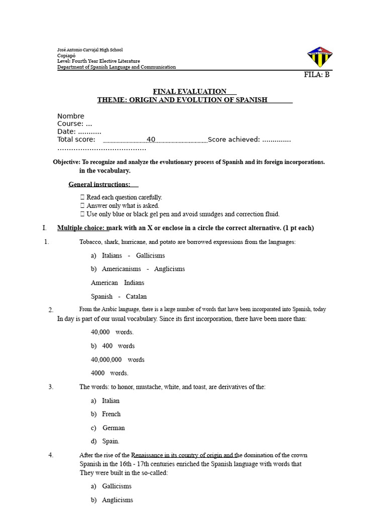 Evaluation Origin of Spanish Row B | PDF | Spanish Language | Languages
