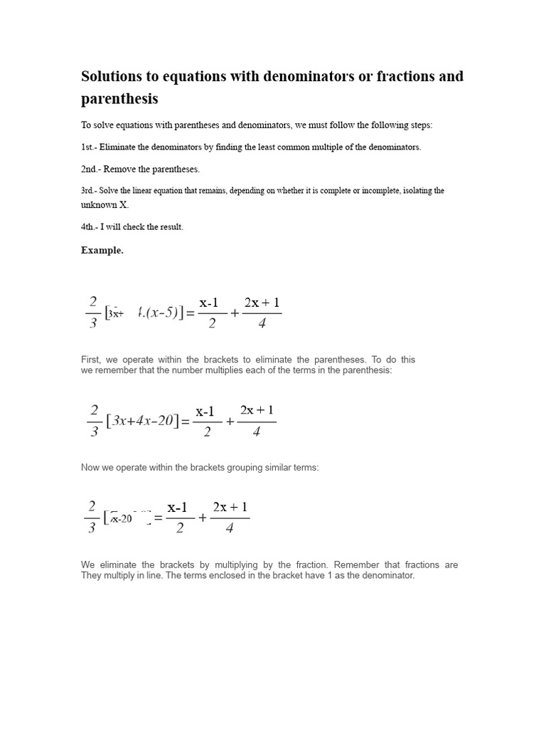 Solutions To Equations With Denominators or Fractions and Parentheses | PDF