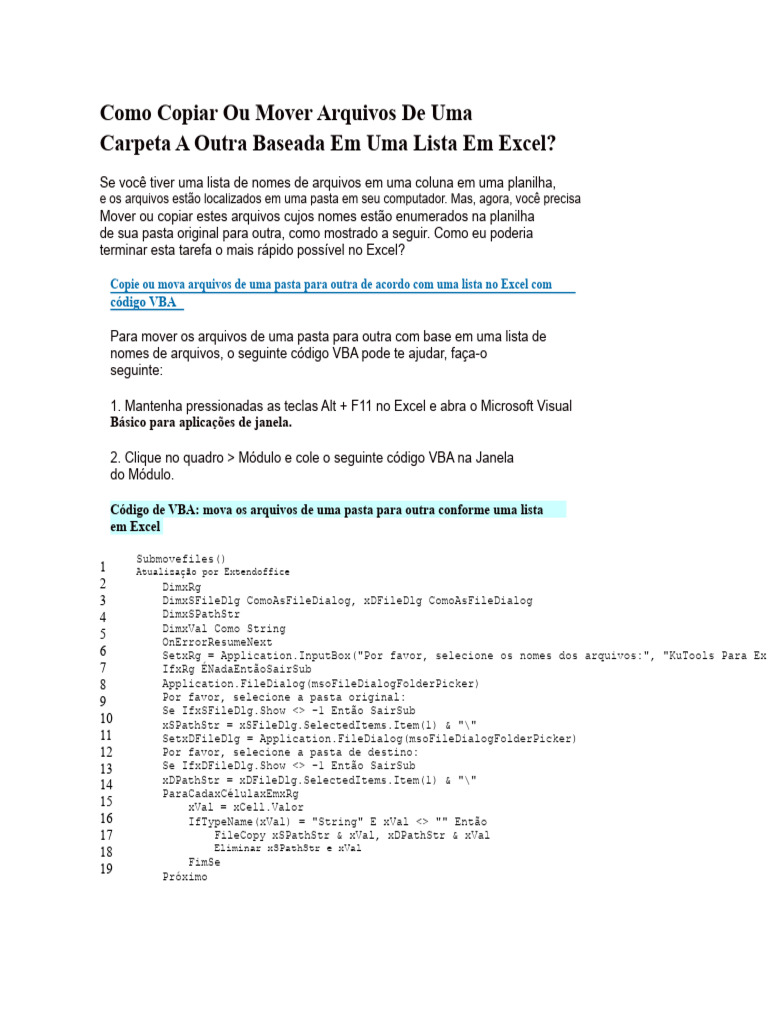 Mover Arquivos Usando Excel e VBA | PDF | Microsoft Excel | Visual ...