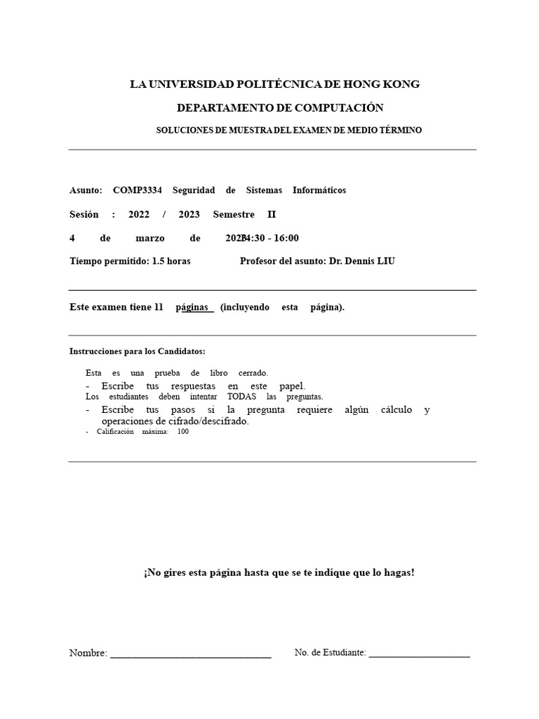 COMP3334 Examen Medio 2223 Soluciones Muestra | PDF | Cifrado | Clave (criptografía)