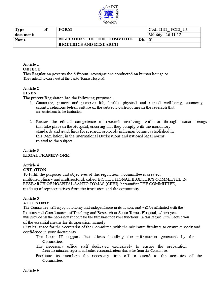 1.2 Regulations of The Bioethics and Research Committee | PDF ...