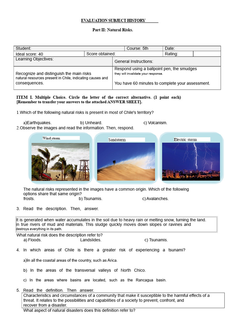 Natural Risks Test 5th Grade | PDF | Natural Disasters | Tsunami