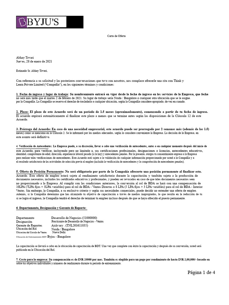 Carta de Oferta de Byjus | PDF | Propiedad | Business