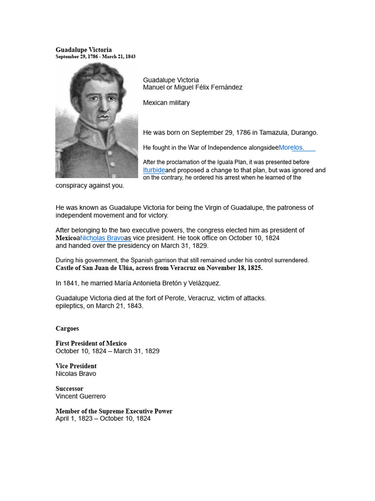Biography of Guadalupe Victoria | PDF | Politics Of Mexico | Mexico