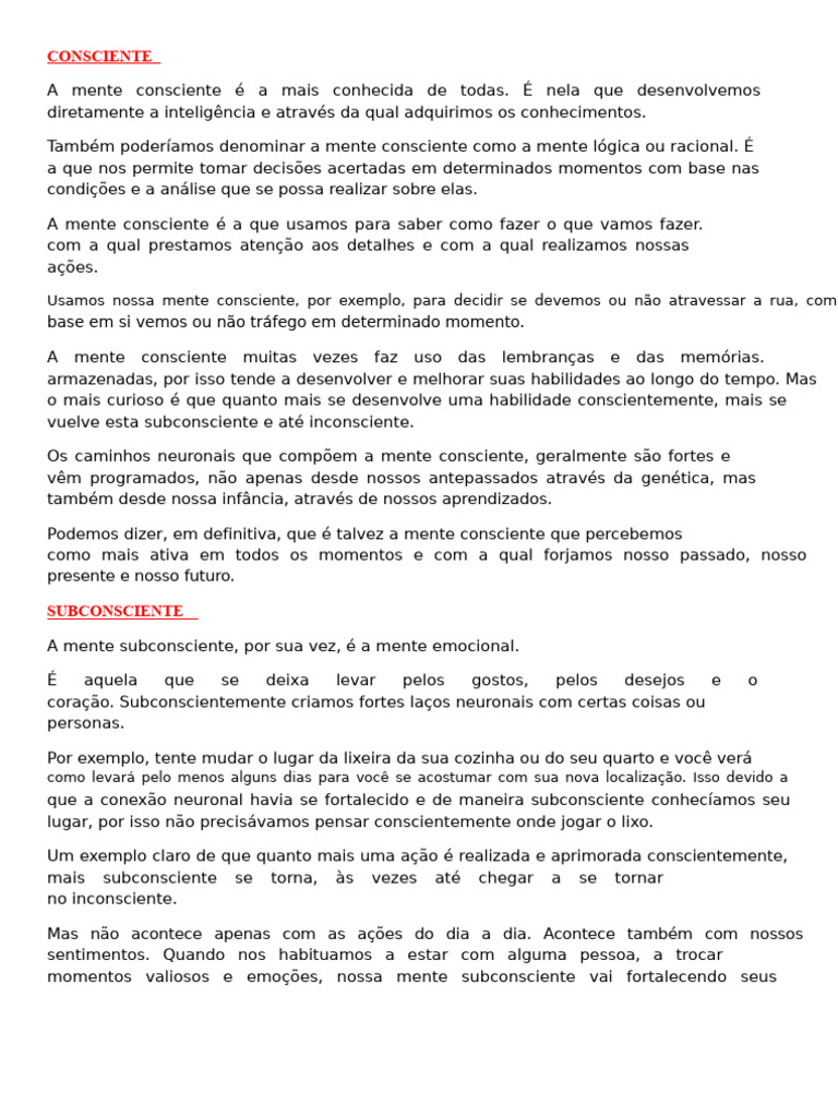Consciente, Subconsciente e Inconsciente | PDF | Pensamento | Psicologia