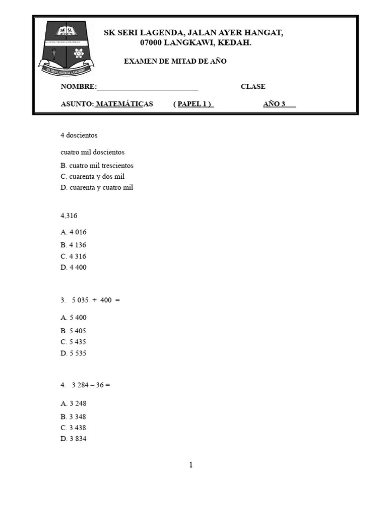 Pregunta de Matemáticas de Tercer Año A Mitad de Año | PDF | Matemáticas