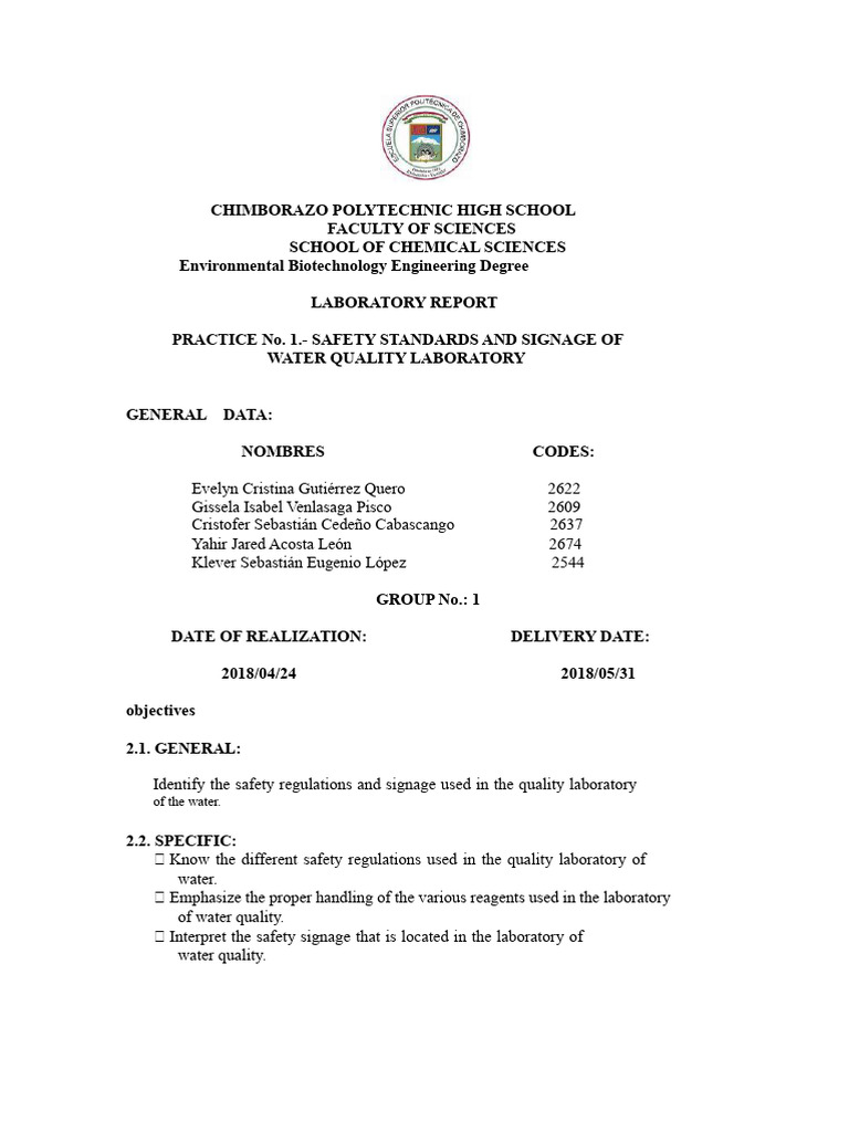 Water Quality Lab Safety Standards Report | PDF | Laboratories | Safety