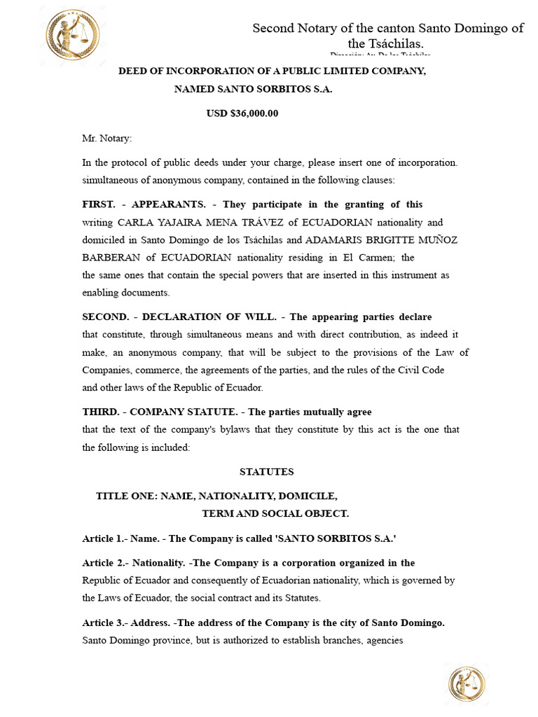 Deed of Incorporation of A Public Limited Company | PDF | Board Of ...