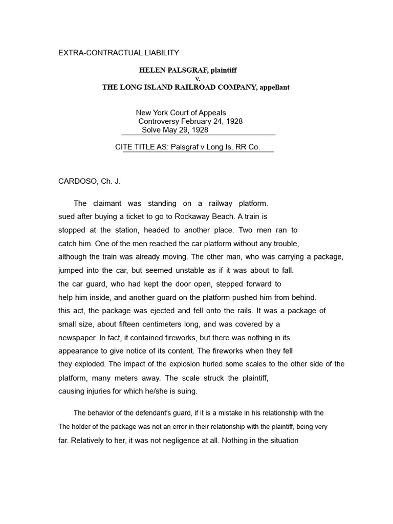 Palsgraf v. Long Island RR: Liability Case | PDF | Negligence | Damages