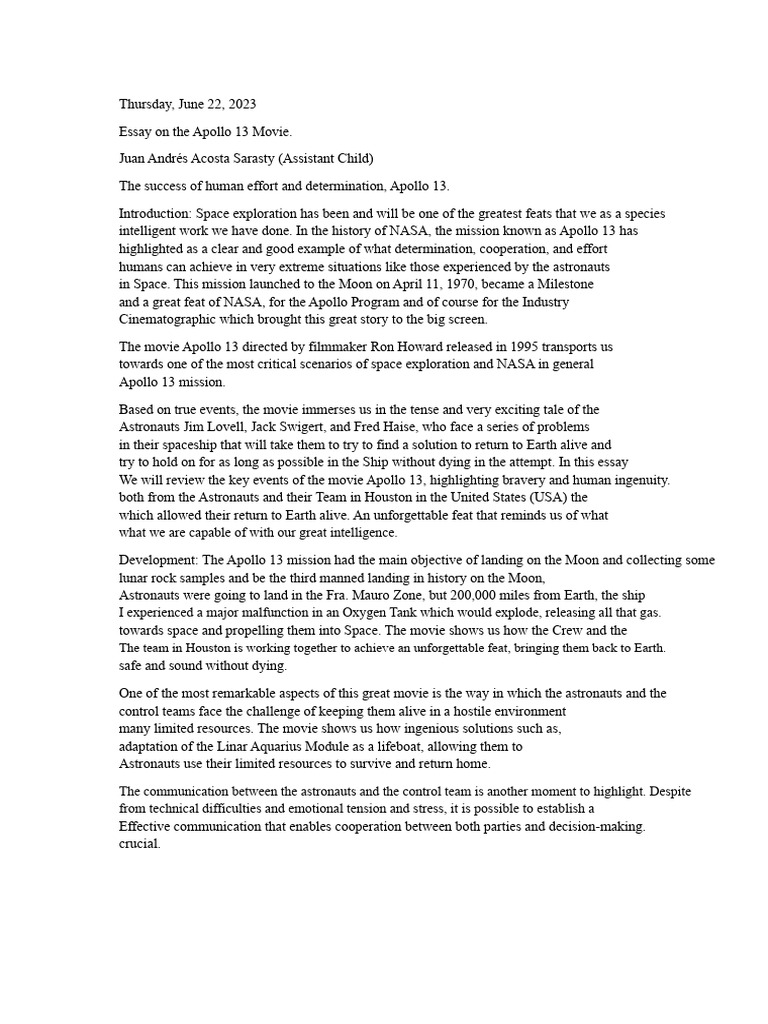 Apollo 13 Essay | PDF | Apollo Program | Outer Space