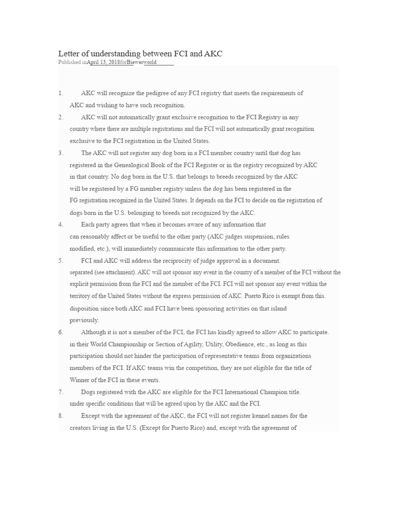FCI-AKC Agreement Overview | PDF | American Kennel Club | Dog Breeding