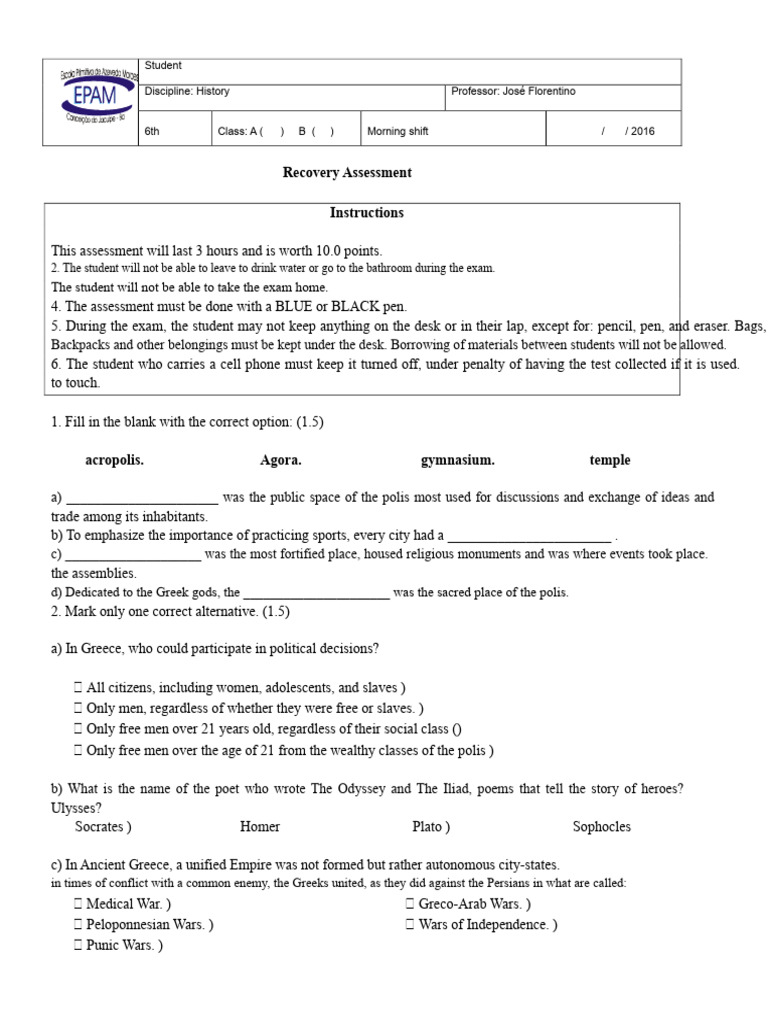 History Assessment Recu | PDF | Ancient Greece | Sparta