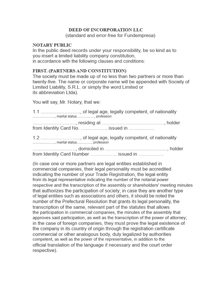 Deed of Incorporation for LLC | PDF | Limited Liability Company ...