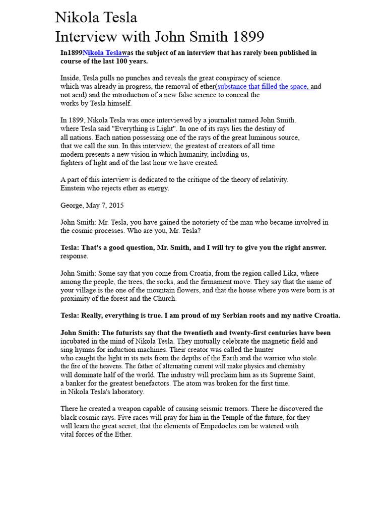 Tesla Nikola - Interview With John Smith 1899 | PDF | Universe | Nikola ...