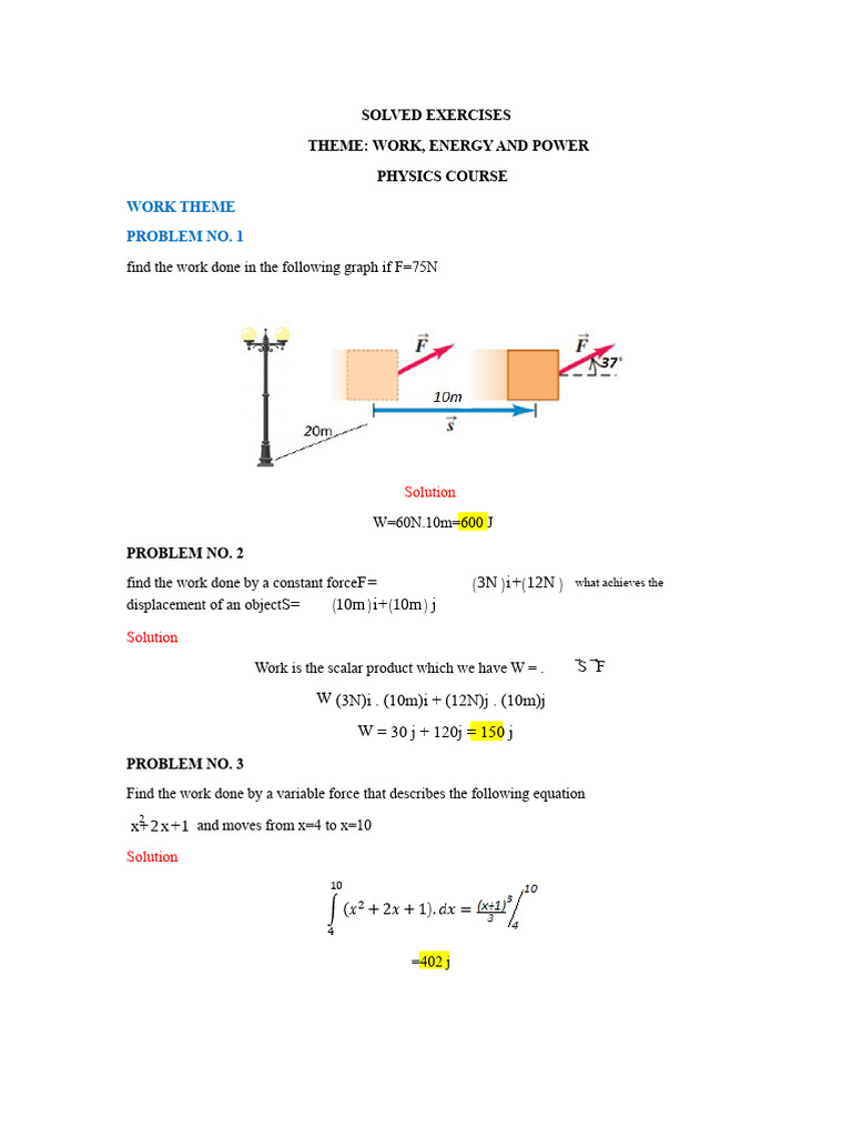Resolved Exercises in Physics Topic Work Energy Power | PDF | Force ...