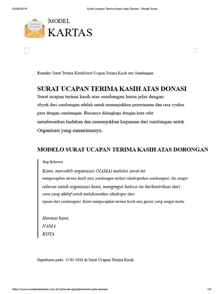 Contoh Surat Terima Kasih Donasi | PDF