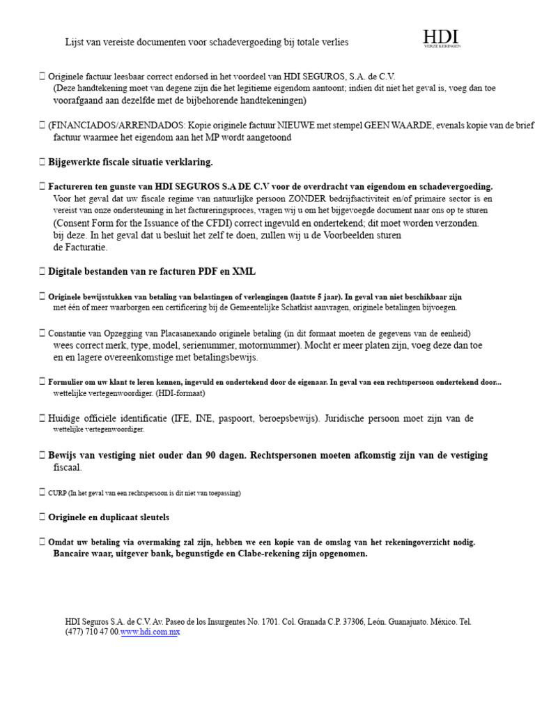 Checklist Voor Schadevergoeding Bij Totale Verliezen | PDF