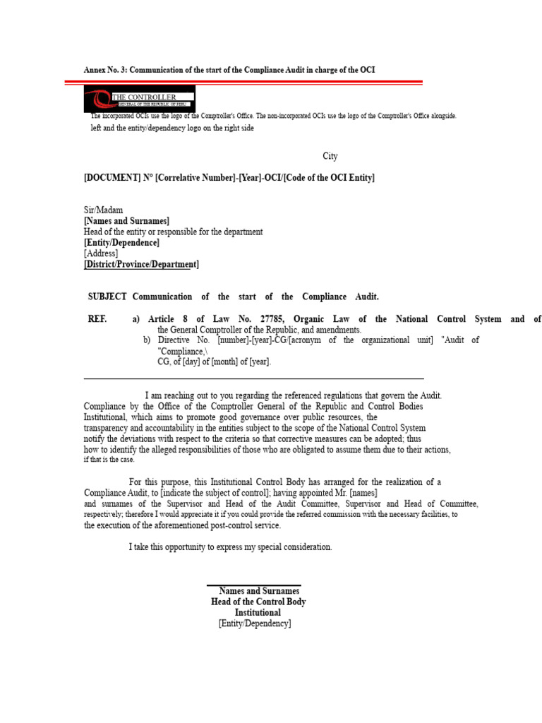 Annex No. 3 - Communication of The Start of The Compliance Audit by The ...