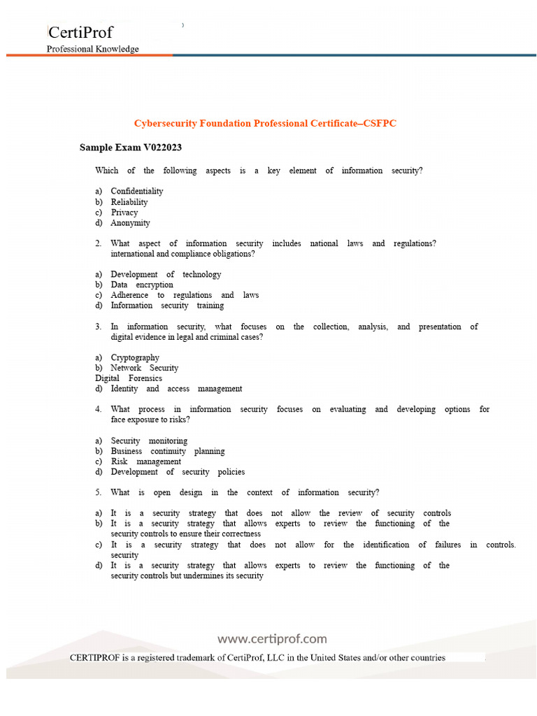 CSFPC Sample Exam: Cybersecurity Essentials | PDF | Security | Computer ...