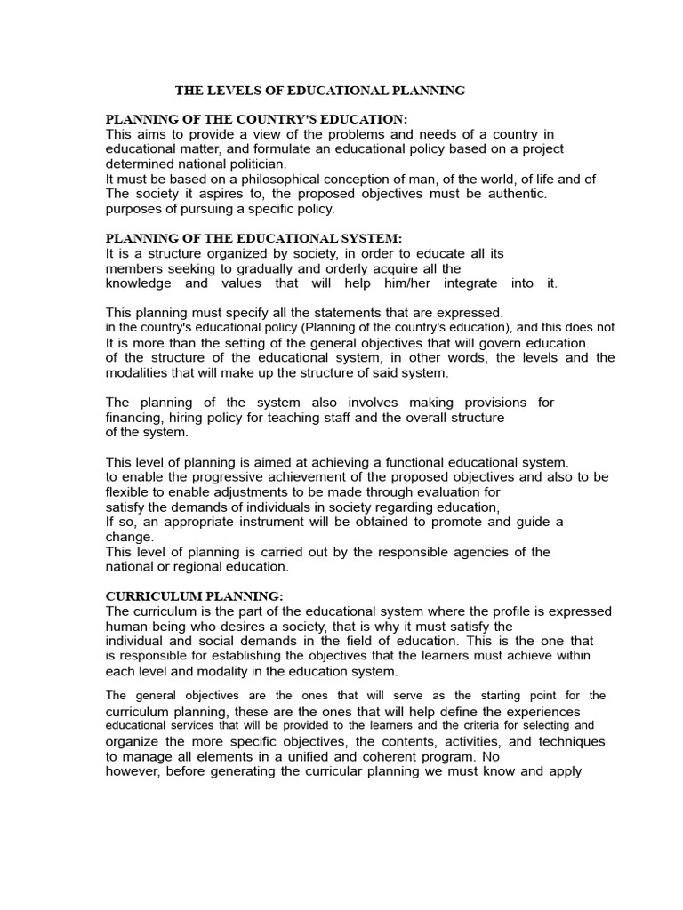The Levels of Educational Planning. | PDF | Curriculum | Teachers