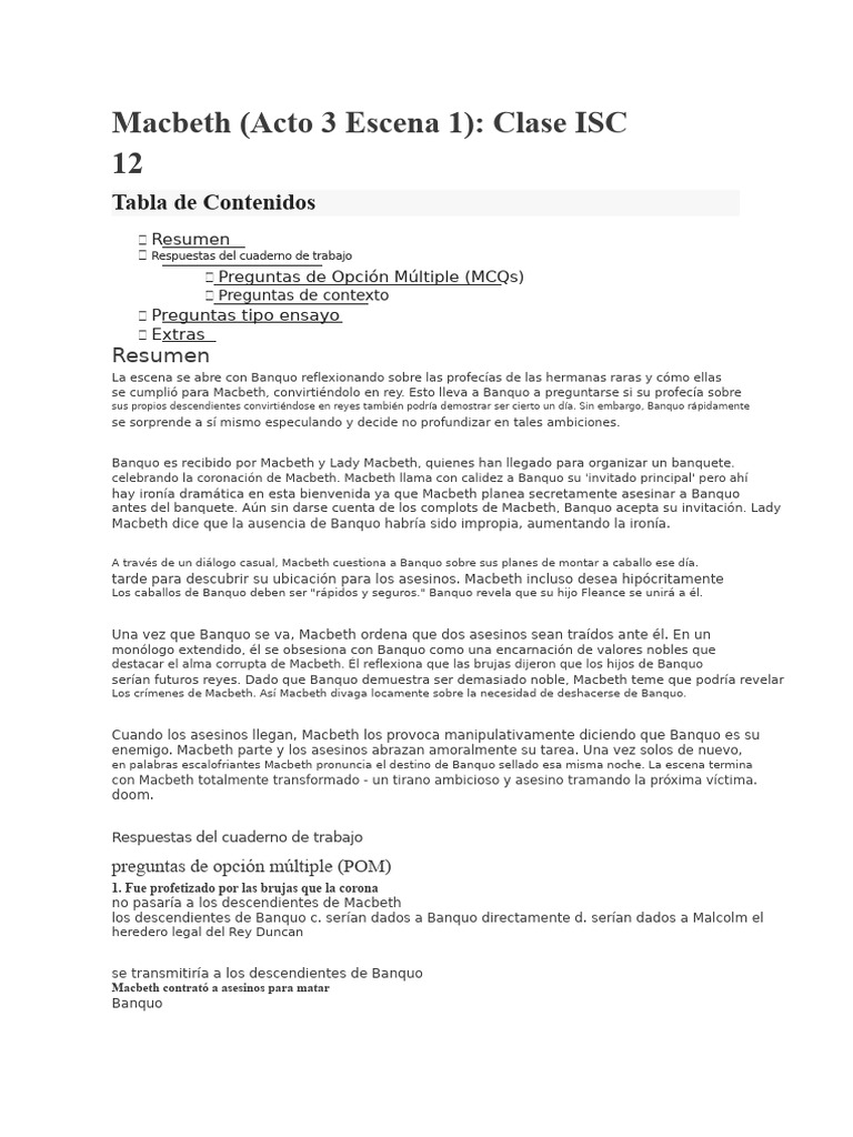 Macbeth Acto 3 Escena 1 Preguntas y Respuestas | PDF | Macbeth
