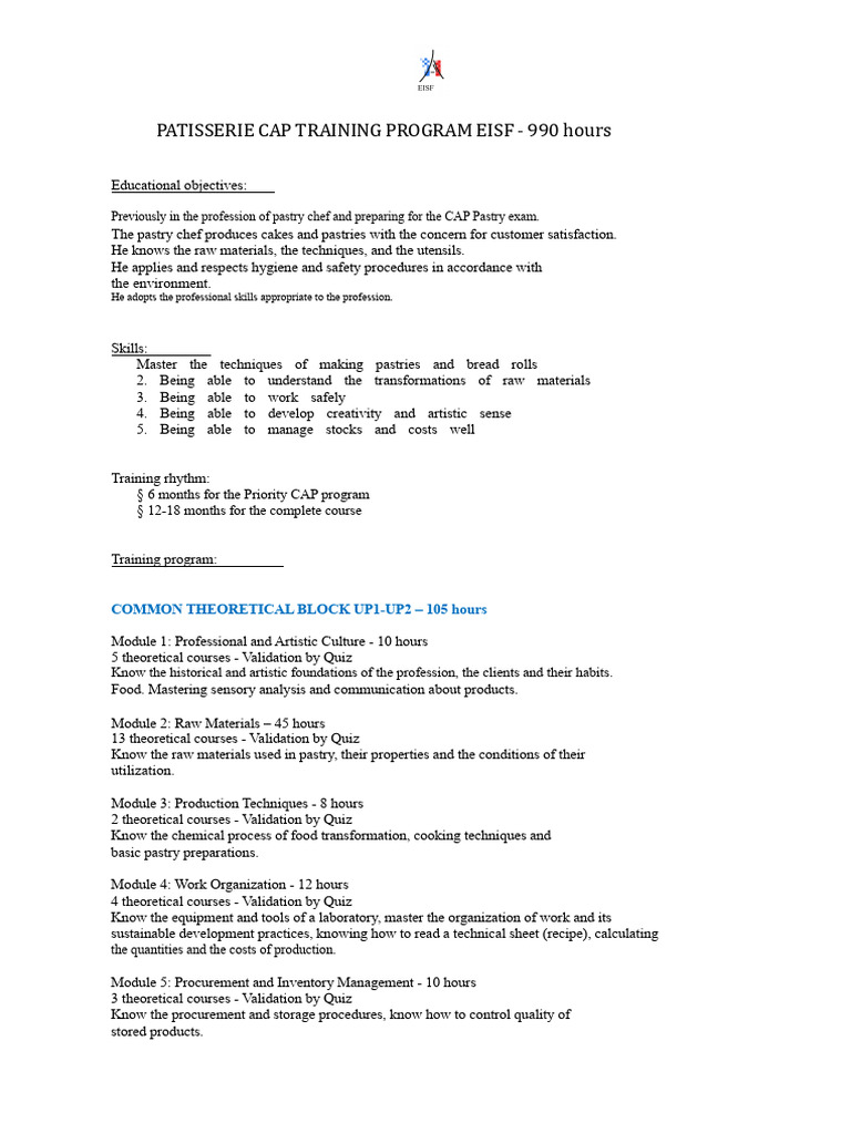 CAP Pastry Training Program Overview | PDF | Desserts | Foods