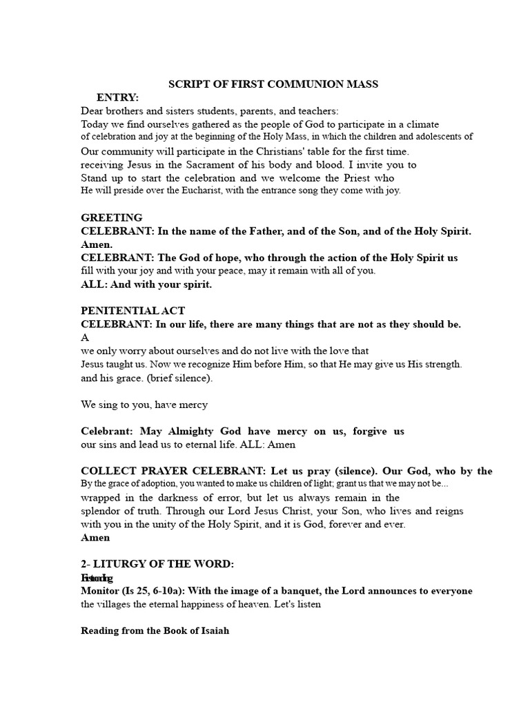 First Communion Mass Script | PDF | Eucharist | God The Father