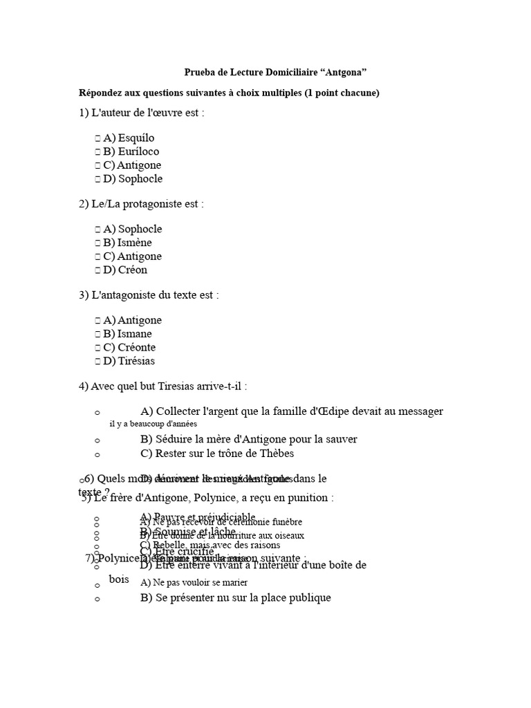 Quiz sur Antigone : Questions et Réponses | PDF | Sophocle | Mythologie ...