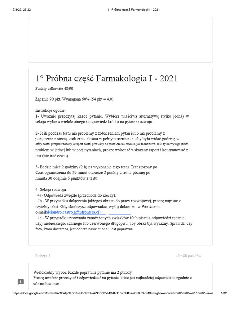 1° Test Cząstkowy Farmakologia I - 2021 | PDF