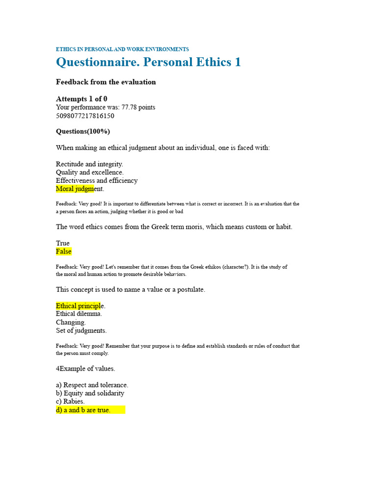 Questionnaire. Personal Ethics | PDF | Liberal Arts Education | Social ...