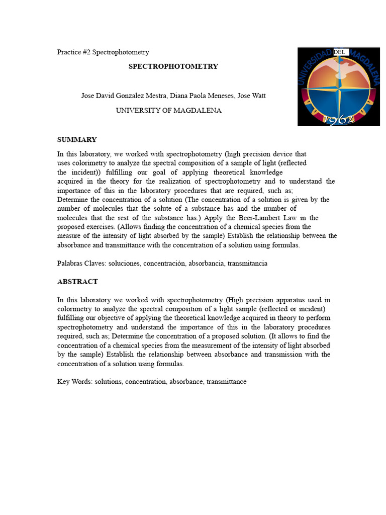 Spectrophotometry Laboratory | PDF | Spectrophotometry | Absorption ...