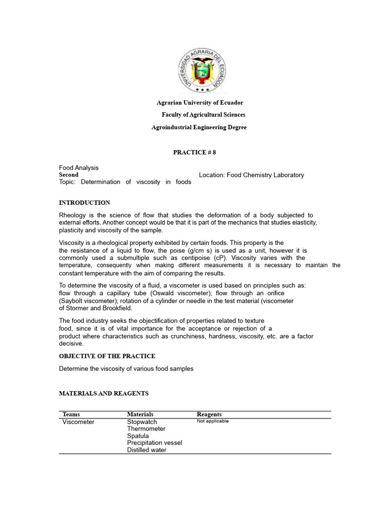 PRACTICE 8 Determination of Viscosity in Food | PDF | Viscosity | Rheology