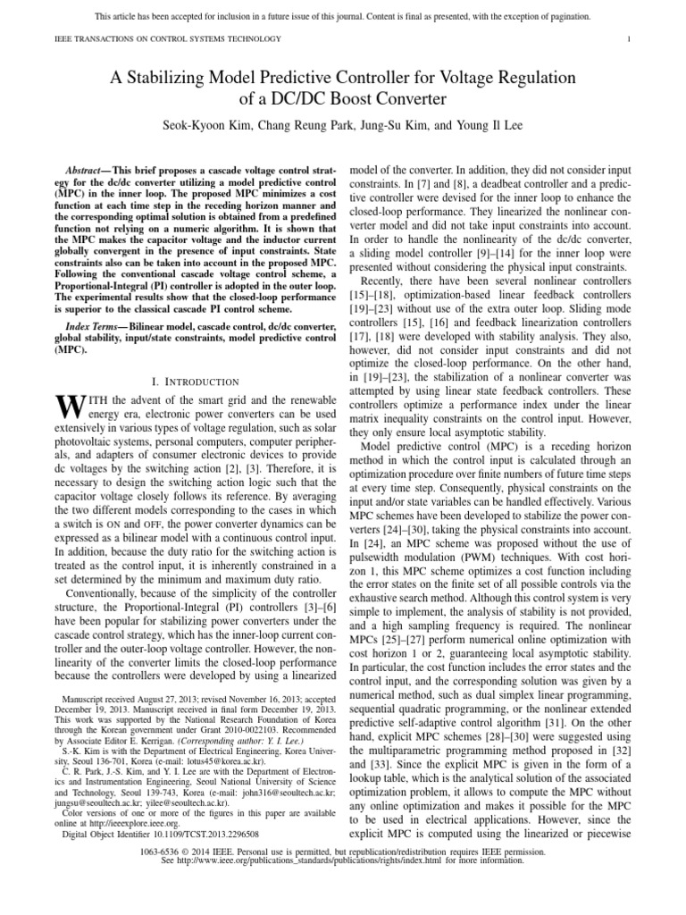 A Stabilizing Model Predictive Controller For Voltage Regulation of A DCDC Boost Converter | PDF ...