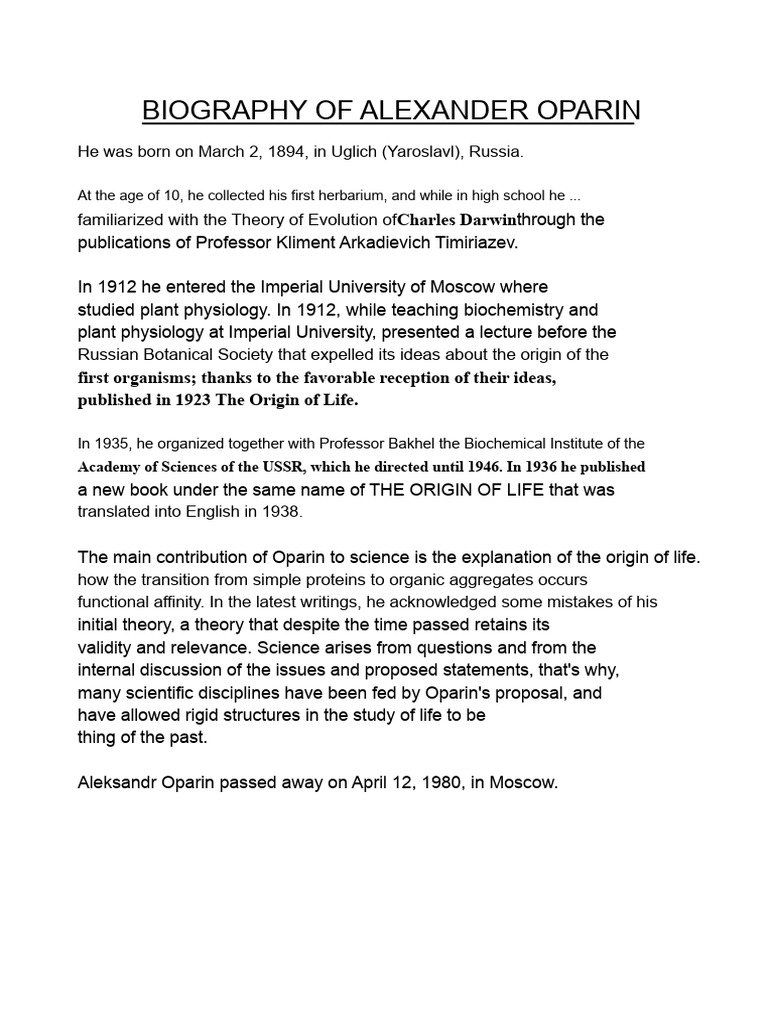 Biography of Alexander Oparin | PDF | Abiogenesis | Eukaryotes