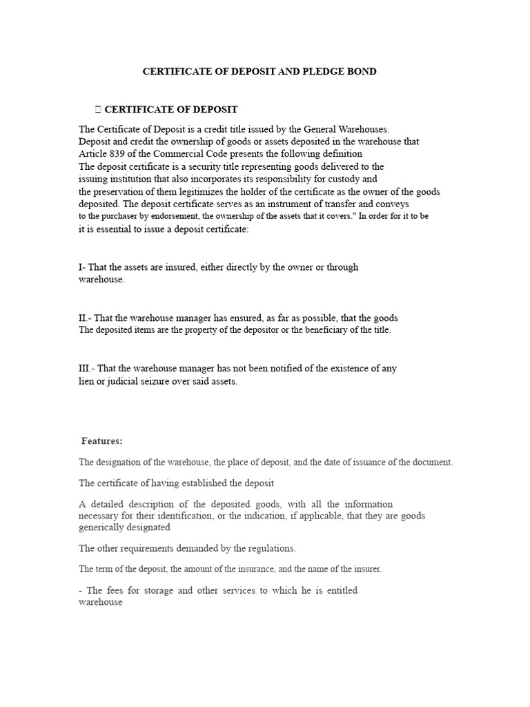 Certificate of Deposit and Pledge Bond | PDF | Bonds (Finance ...