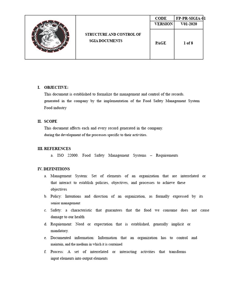 Structure and Control of Documents of The Sgia Iso 22000 | PDF | System ...