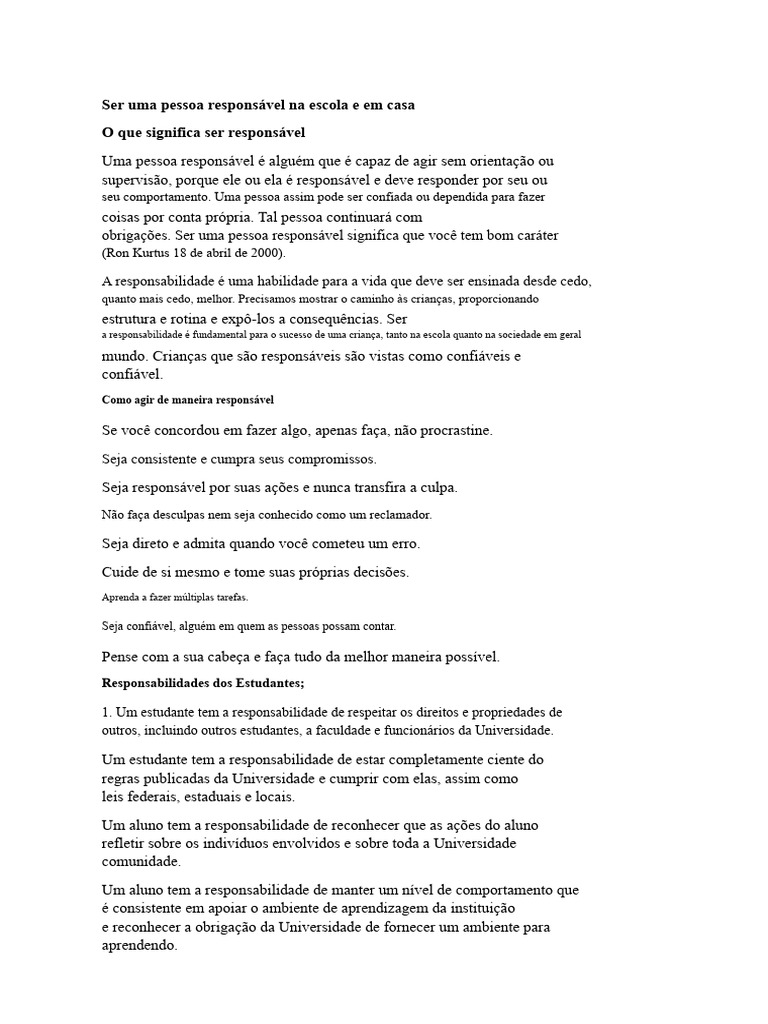 Ser Uma Pessoa Responsável Na Escola e em Casa | PDF