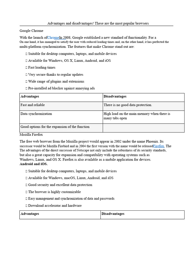Browser Pros and Cons Overview | PDF | Mac Os | Internet Explorer