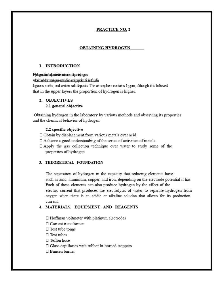 PRACTICE No. 2 Obtaining Hydrogen | PDF | Hydrogen | Water