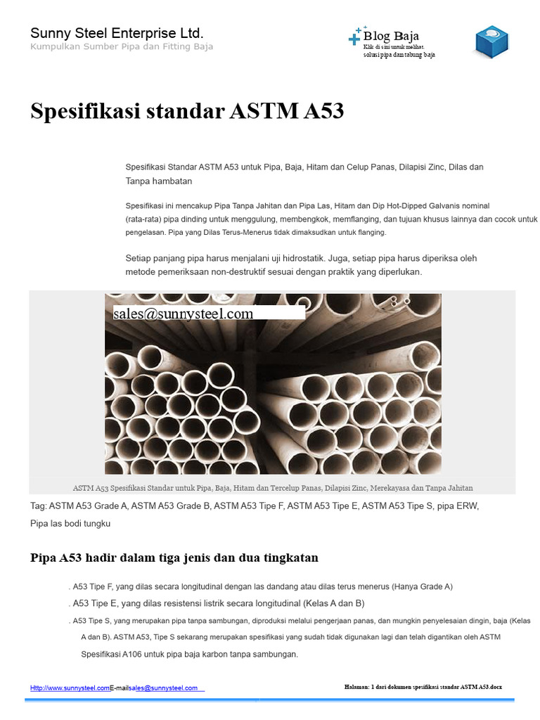 Spesifikasi Pipa ASTM A53 Terperinci | PDF