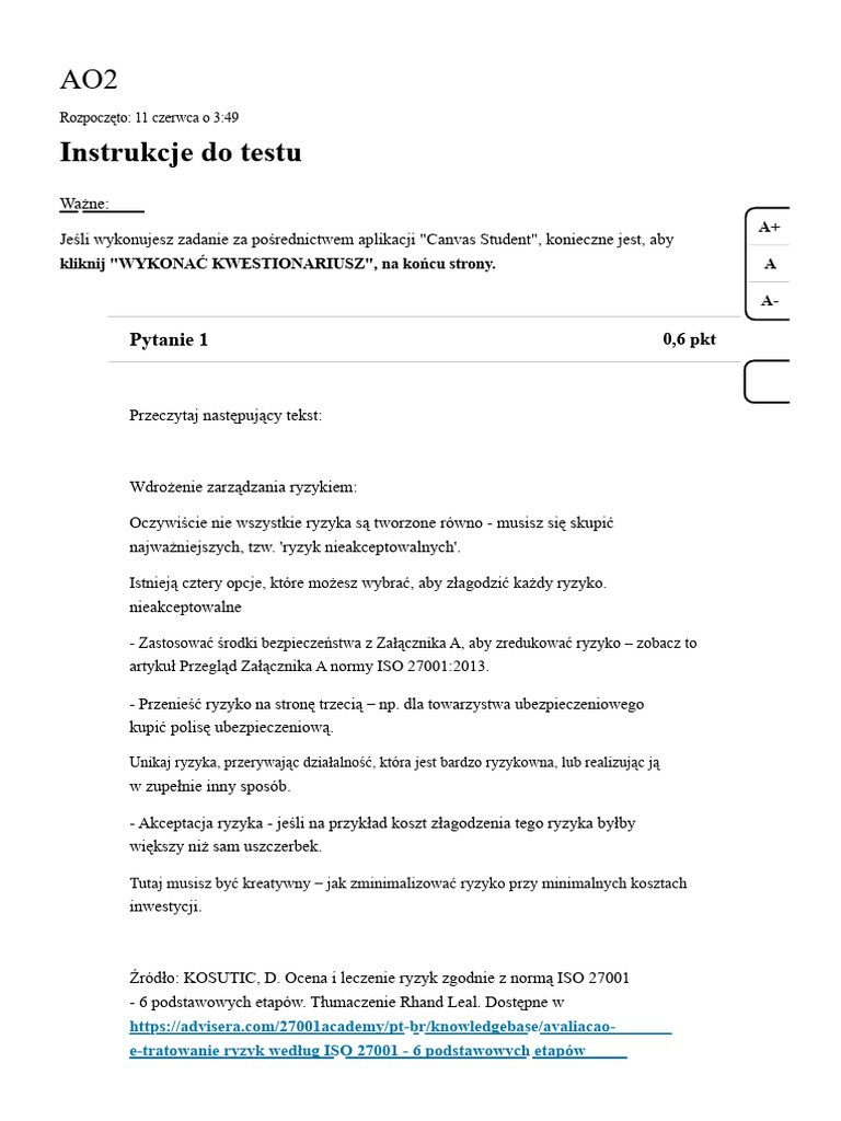 AO2 - Zarządzanie Ryzykiem - NOTA 6 | PDF