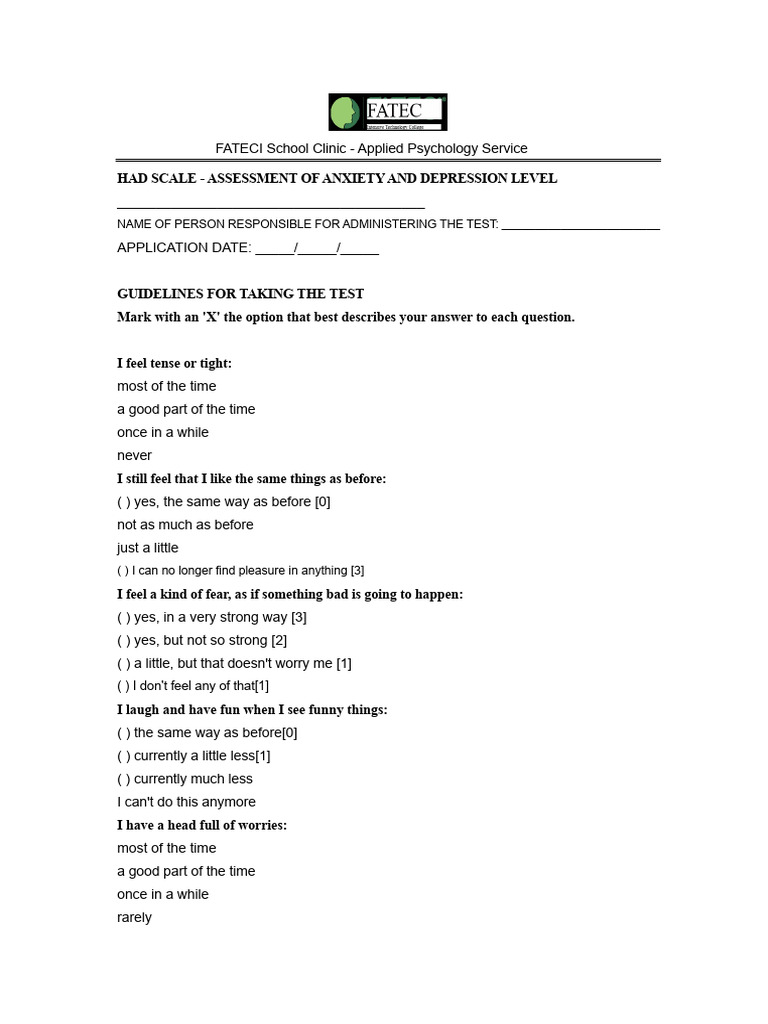 Had Scale - Assessment of Anxiety and Depression Level | PDF | Major ...