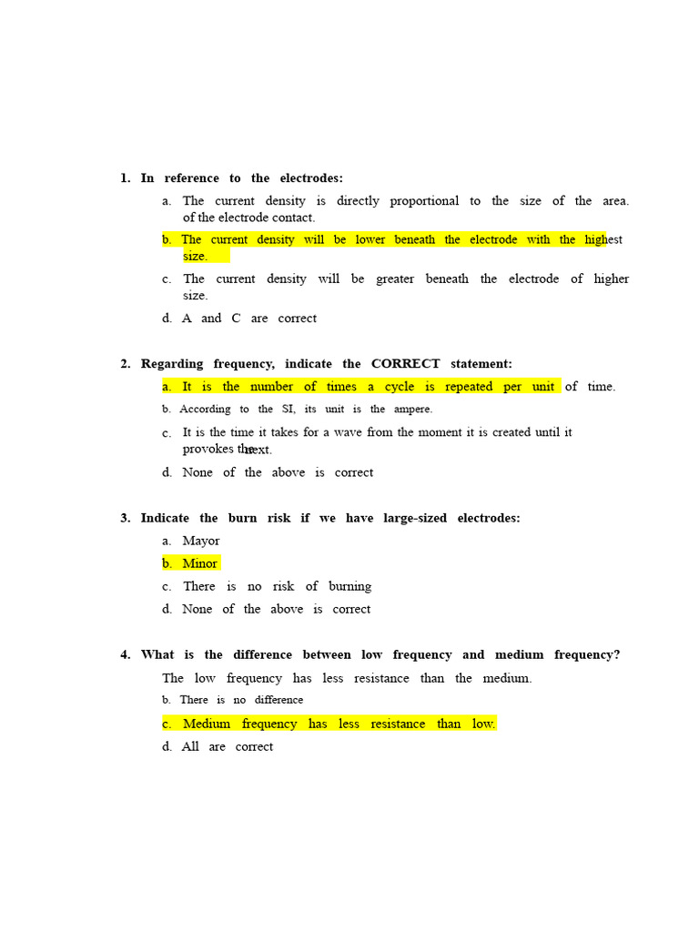 Electrotherapy Questions | PDF | Electric Current | Electron