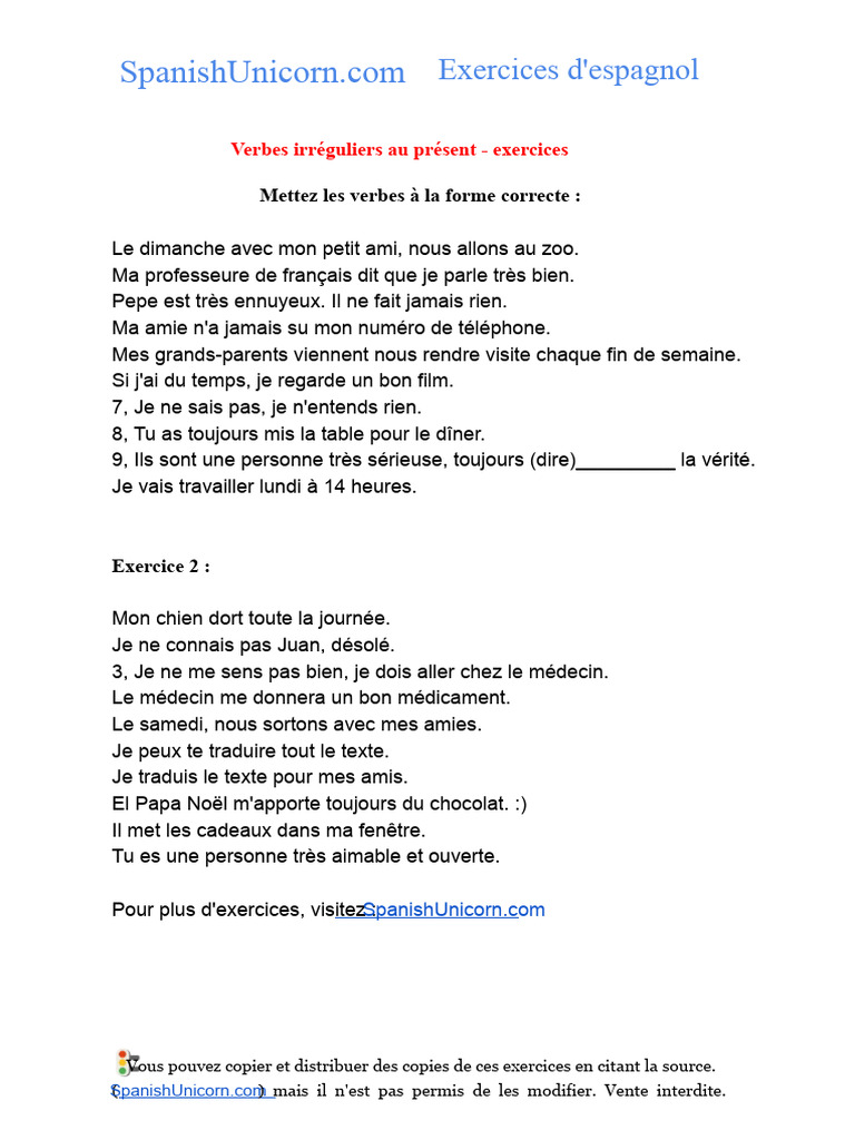 Verbes Irreguliers Au Présent Exercices 2 | PDF | Verbe | Linguistique