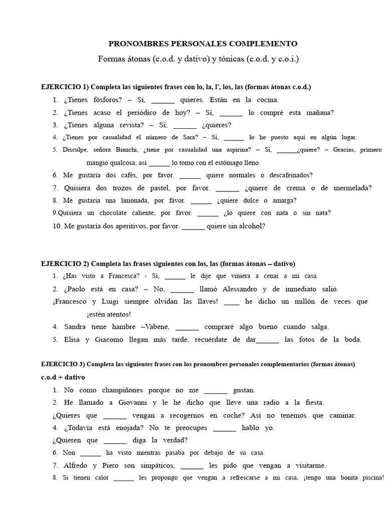 Ejercicios de Pronombres Personales Complemento ITALIANO L2 | PDF