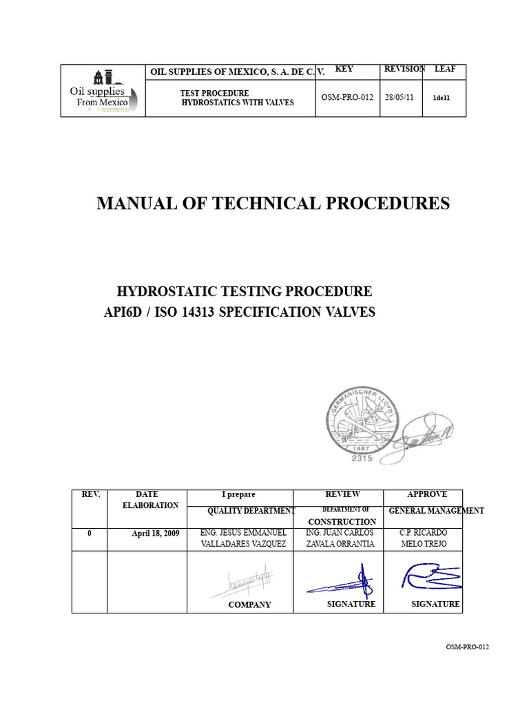 Hydrostatic Testing Procedure for API Valves | PDF | Valve | Calibration